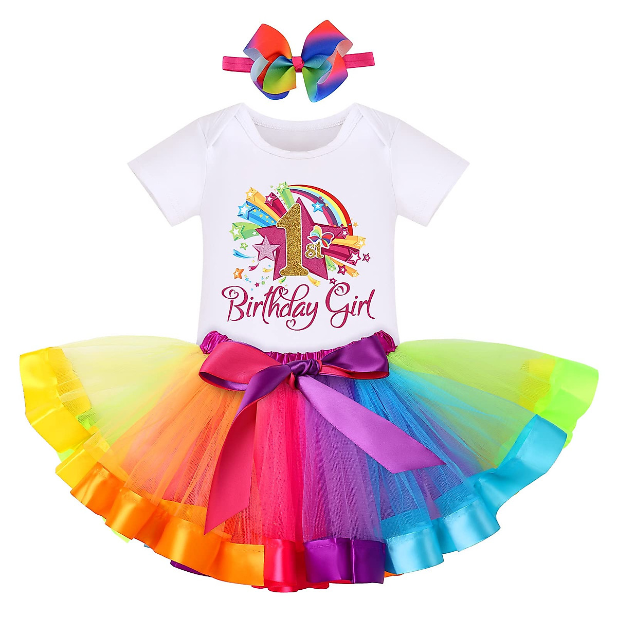 Watermelon 1st Birthday Outfit for Baby Girls Romper Rainbow Tutu Skirt Headband Socks Summer Clothes Set for 1 Year Old Princess Cake Smash Photo Prop Dress Rainbow 1st Birthday Girl 4PCS 1 Year