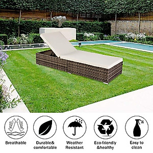 UDeuxff Outdoor PE Wicker Chaise Lounge Set, Patio Lounge Chairs, Outside Poolside Lounger Furniture, Brown Rattan Recliners with Adjustable Backrest, Cushions (Light Brown)