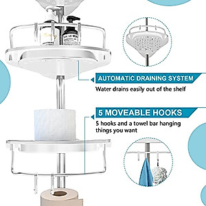DYN Ptah Shower Caddy Corner - 5-Tier 95-116 Inch Rustproof Adjustable, Stainless Steel Tension Pole Shower Caddy Corner for Bathroom Storage, White