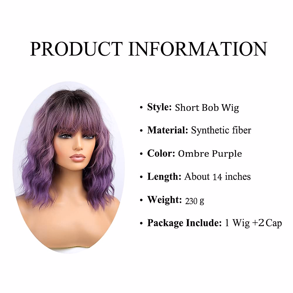 Haoland Purple Wig With Bangs for Women 14” Short Bob Wavy Wig Heat Resistant Colored Wigs Synthetic Wig for Daily Party Use Cosplay (Purple)