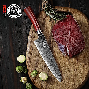 MITSUMOTO SAKARI 7.5 inch Japanese Damascus Chef Knife, 67-Layer Hand Forged VG-10 Damascus Santoku Knives, Professional Japanese Kitchen Meat Sushi Knife (Kotan Wood Handle & Gift Box)