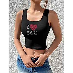SOLY HUX Women's Rhinestone Heart Letter Print Y2K Crop Tank Top Scoop Neck Sleeveless T Shirts Solid Black XS