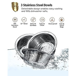 JAZUIHA Elevated Cat Bowls, Raised Cat Food Bowl Set Stainless Pet Dishes Feeder with Wooden Stand, Food and Water Bowl for Cat and Small Dog (Wood Color)