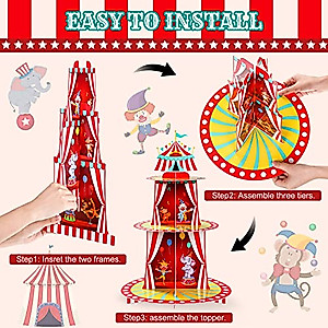 Circus Carnival Cupcake Stand, 3 Tier Cupcake Holder with Cartoon Circus Carnival Tent for Kids Birthday Celebrations Themed Party Favor Decoration