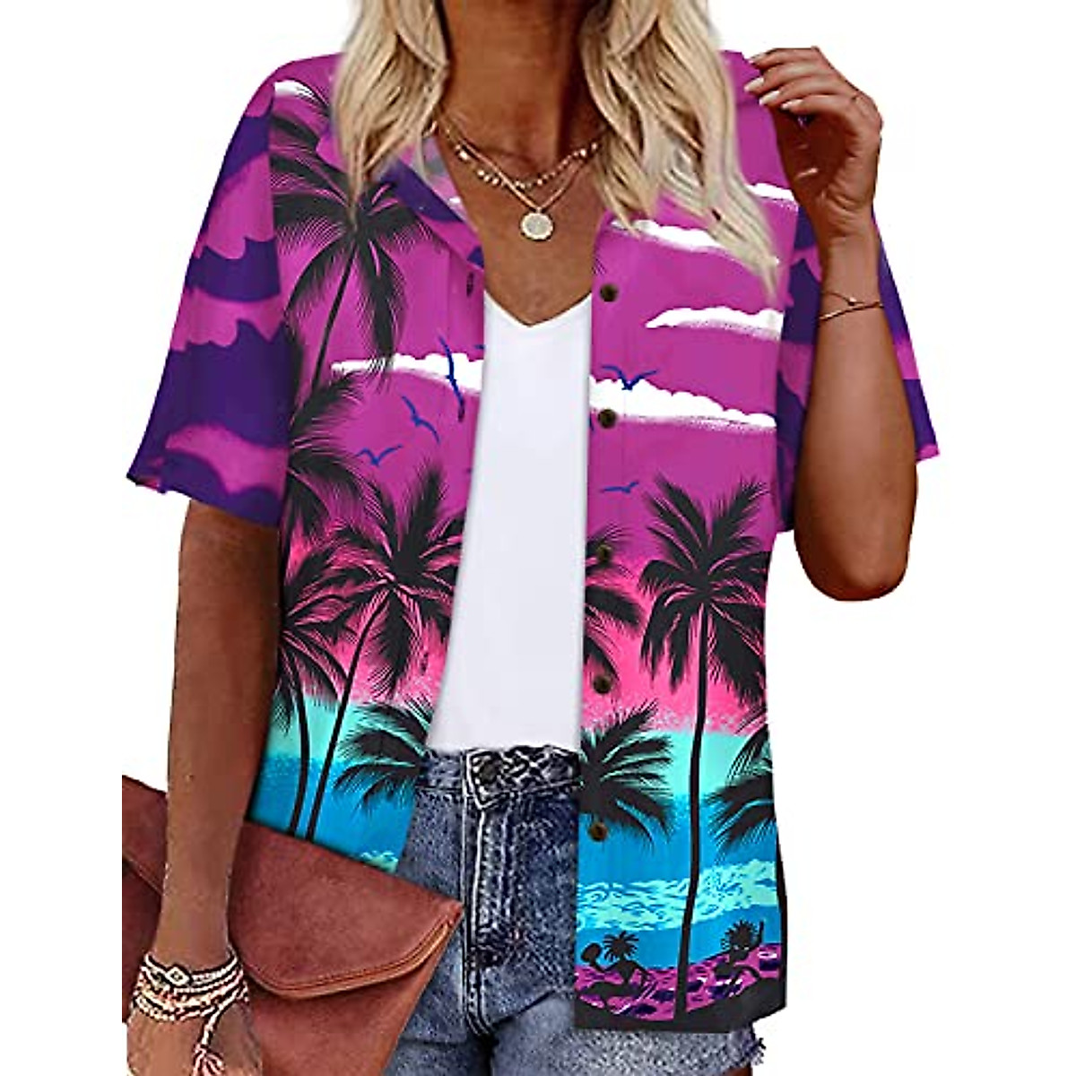LILYCHIC Womens Hawaiian Tops Summer Floral Print V Neck Shirt Short Sleeve Tropical Beach Luau Party Outfits Purple XL