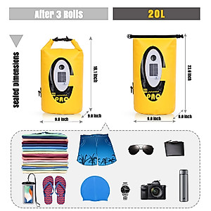 Qoolife Dry Bag Waterproof with Solar Bluetooth Speaker & Light - 20L Roll Top Dry Sack Keeps Gear Dry for Men Women Kayaking, Beach, Rafting, Boating, Hiking, Camping and Fishing (Yellow-BL)