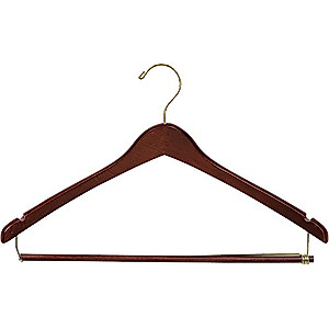 The Great American Hanger Company Curved Wood Suit Hanger w/Locking Bar, Box of 100 17 Inch Hangers w/Walnut Finish & Brass Swivel Hook & Notches for Shirt Dress or Pants
