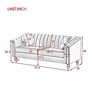 TRIPLE TREE Velvet 3 Seat Sofa Couch with 2 Pillows, Upholstered Tufted Back Sofa Couch with Nail Arms and Solid Wood Legs for Living Room, Compact Living Space, Apartment, Bonus Room, Beige