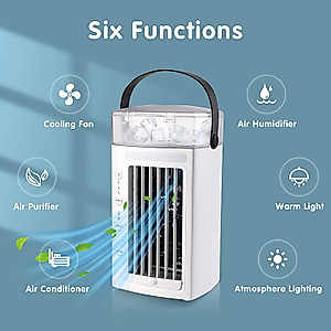 Personal Air Conditioner Fan, Small Air Conditioner Fan, Portable Air Cooler Mini Air Conditioner Fan with 3 Wind Speed, Evaporative Air Humidifier, Desktop Cooling Fan with LED Light for Office, Home