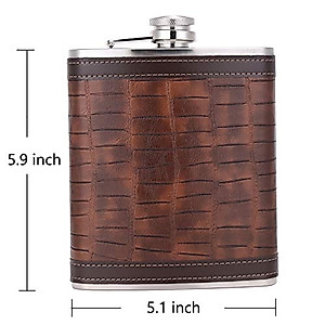 18 oz Crocodile Leather Pattern Large Capacity Brown Stainless Steel Whiskey Liquor Hip Flask with PU Leather Wrapped, TOX TANEAXON
