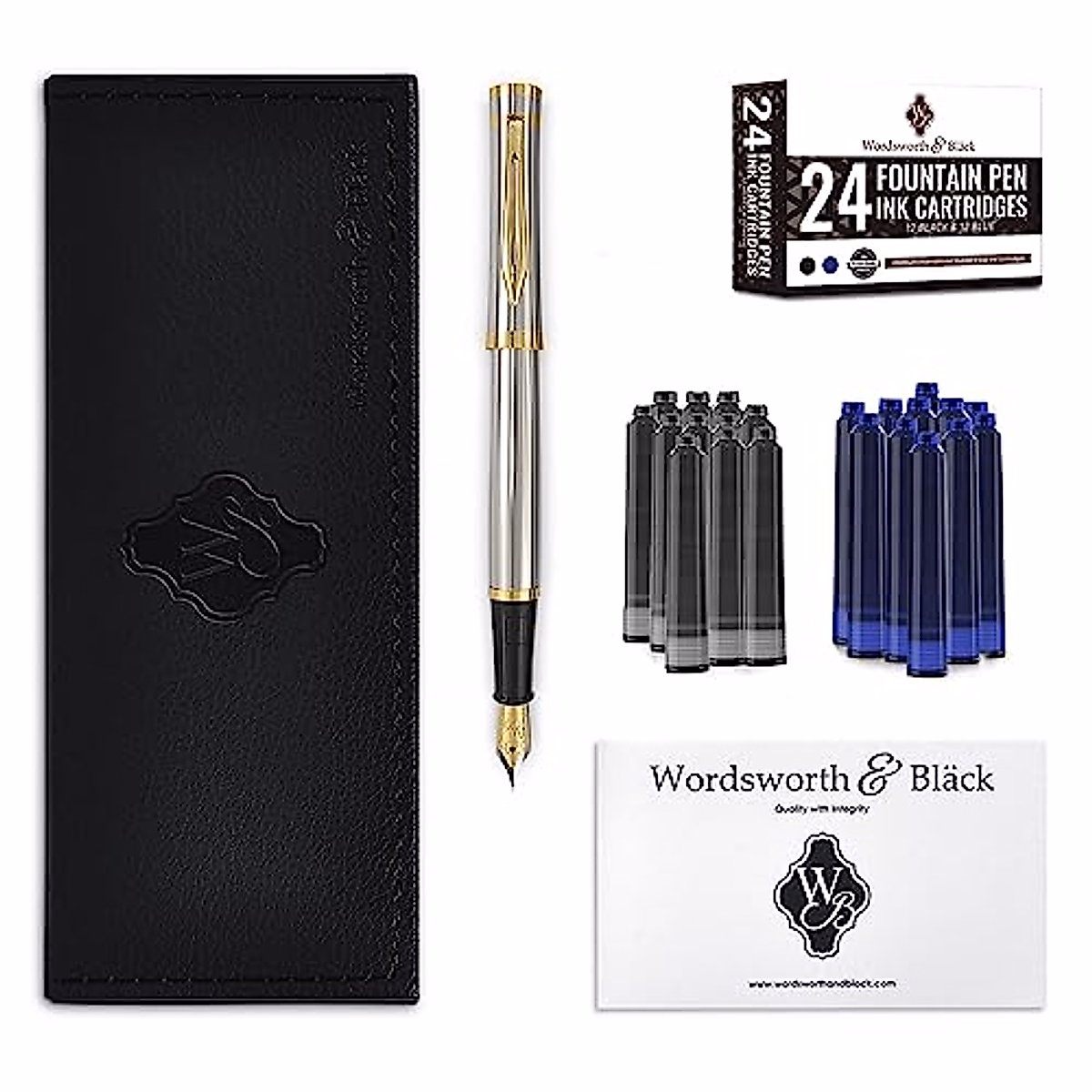 Wordsworth & Black Fountain Pen Set, Medium Nib, Includes 24 Ink Cartridges and Ink Refill Converter, Gift Case, Journaling, Calligraphy, Smooth Writing Pens [Silver Gold], Perfect for Men and Women