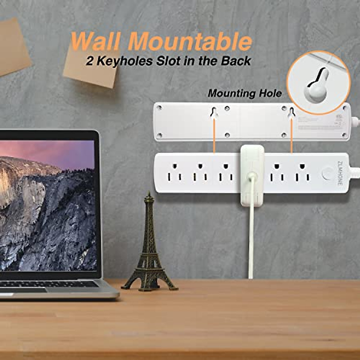 Power Strip with 6 Feet ZLMHONE Mountable Flat Plug Power Strip with 6 Outlets for Home, Office, Dorm