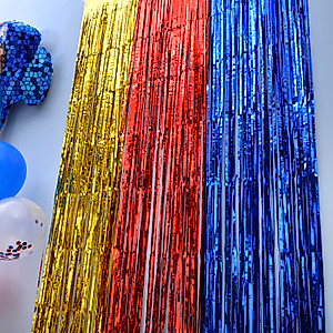 LOLStar Paw Birthday Decorations,2 Pack Gold Red and Blue Birthday Party Supplies 3.3 x 6.6ft Tinsel Foil Fringe Curtains Photo Booth Props Backdrop Streamers, House Doorway Room Decor for Kids
