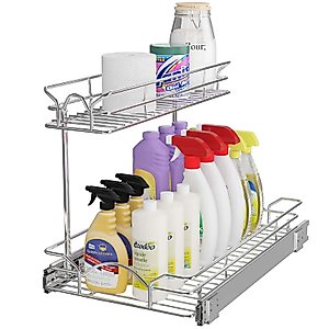 OCG Under Sink Cabinet Organizer Two Tier Pull Out Shelf (11.75W x21D), Under Sink Sliding Shelf for Kitchen Bathroom Cabinet 2 Tier Chrome