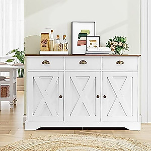 4 EVER WINNER Coffee Bar Cabinet, 47” Kitchen Buffet Storage Cabinet with 3 Drawers & 3 Barn Doors, Farmhouse Buffet Cabinet with Storage Server Console Table for Entry Dining Room, White