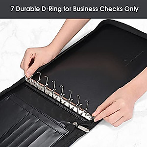 Business Check 7 Ring Checkbook Binder, PU Leather Portfolio, Built in Storage Organizer [Blue]