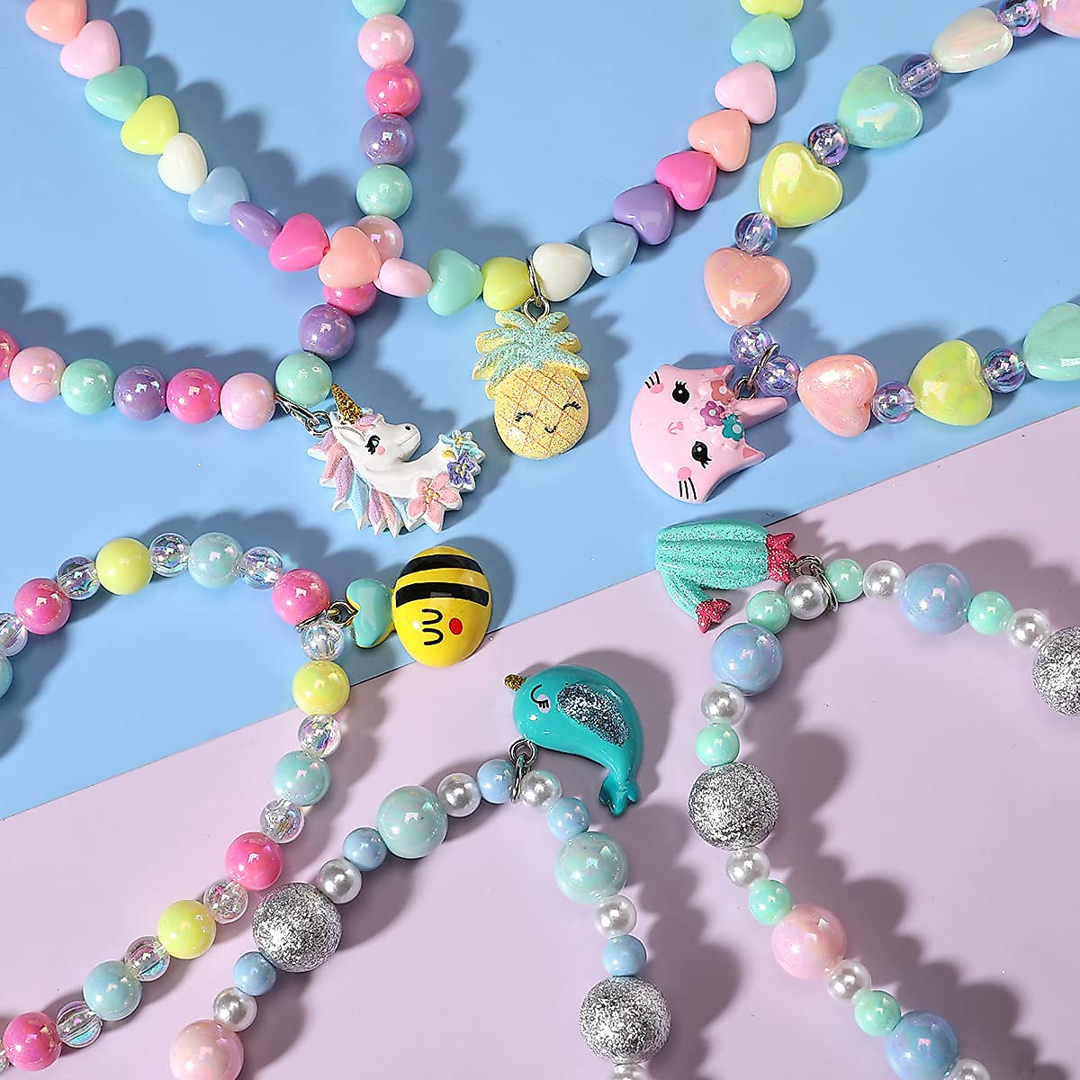 PinkSheep Jewelry Sets Beaded Necklace and Beads Bracelet for Kids Girls 10 Sets Unicorn Cat Bird Owl Necklace and Beads Little Favors Bags for Girls Princess Dress Up Pretend Play