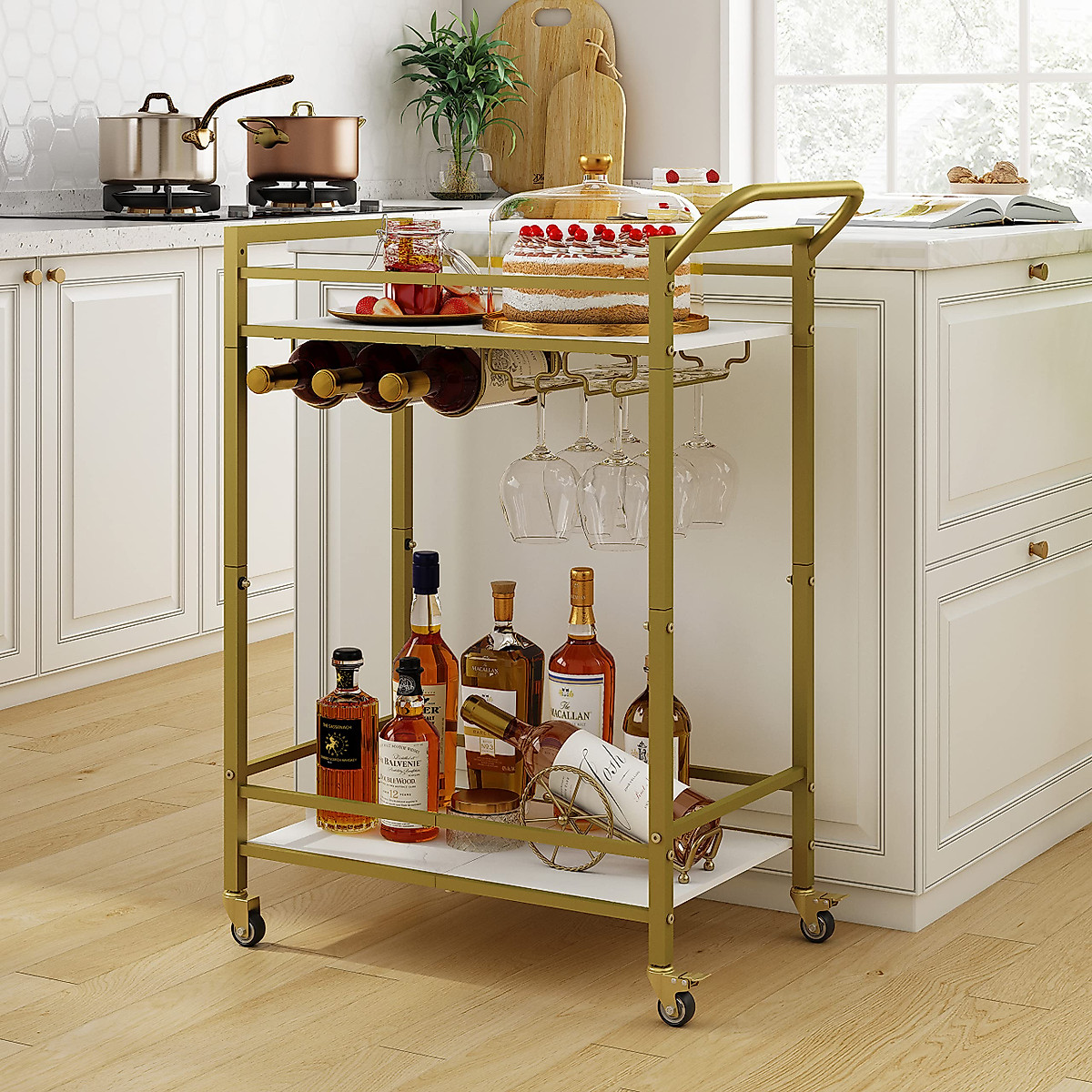 Tajsoon 2-Tier Bar Cart, Mobile Bar Serving Cart, Industrial Style Wine Cart for Kitchen, Beverage Cart with Wine Rack and Glass Holder, Rolling Drink Trolley for Living Room, Gold & White
