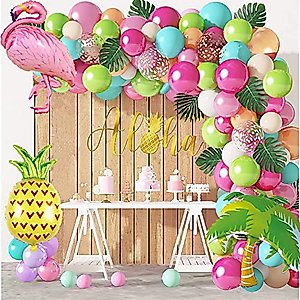 Tropical Balloons Arch Garland Kit Flamingo Pineapple Mylar Balloon Green Hot Pink Confetti Latex Balloons Palm Leaves for Hawaii Luau Aloha Flamingo Birthday Party Decorations Supplies