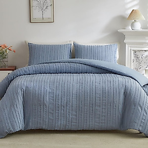 WARMDERN Blue Boho Duvet Cover King Size, Striped Textured Duvet Cover Set Tufted Bedding Set, 3 Pcs Ultra Soft Washed Microfiber Duvet Cover with Zipper Closure (King, Blue)