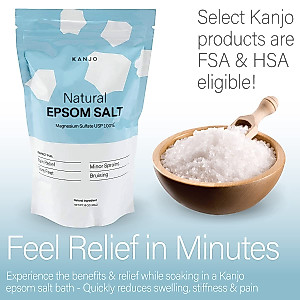 FSA HSA Eligible Kanjo Natural Epsom Salt - 100% Pure Magnesium Sulfate USP Bath Salt - Soak for Muscle Pain, Foot Pain, & Joint Pain Relief - Unscented - 16oz Bag