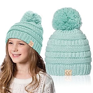C.C Kids Beanie Ages 2-7 Warm Chunky Thick Stretchy Knit Slouch Beanie Skull Kids Hat with Pom (YJ-847-POM) (Mint)