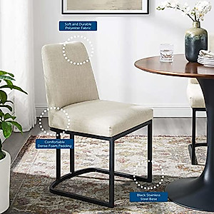 Modway Amplify Sled Base Upholstered Fabric Dining Side Chair, Black Beige 22 x 19 x 32