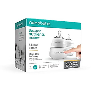 Nanobébé Flexy Silicone Baby Bottle, Anti-Colic, Natural Feel, Non-Collapsing Nipple, Non-Tip Stable Base, Easy to Clean 2-Pack, White, 5 oz