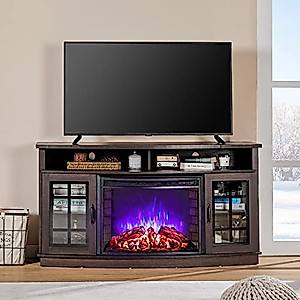 LUXOAK 59" Curved Fireplace TV Console, Entertainment Center Table with Open Shelves and Farmhouse Glass Door Media TV Cabinet Stand for TVs up to 65 Inches, Dark Walnut