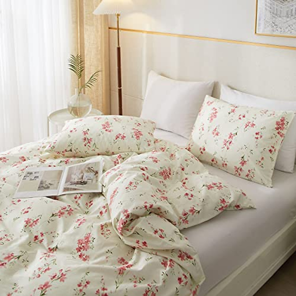 EAVD Pink Floral Duvet Cover Twin Soft 100% Cotton Aesthetic Bedding Set Chic Shabby Pink Floral Bedding Set for Girls Elegant Artistic Style Floral Comforter Set with Zipper Closure(NO Comforter)