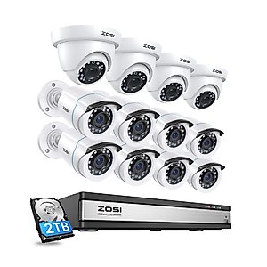 ZOSI 1080p 16 Channel Security Camera System, H.265+ 16 Channel DVR with Hard Drive 2TB and 12 x 2MP Weatherproof Surveillance CCTV Bullet Dome Camera Outdoor Indoor, 80ft Night Vision, 90° View Angle
