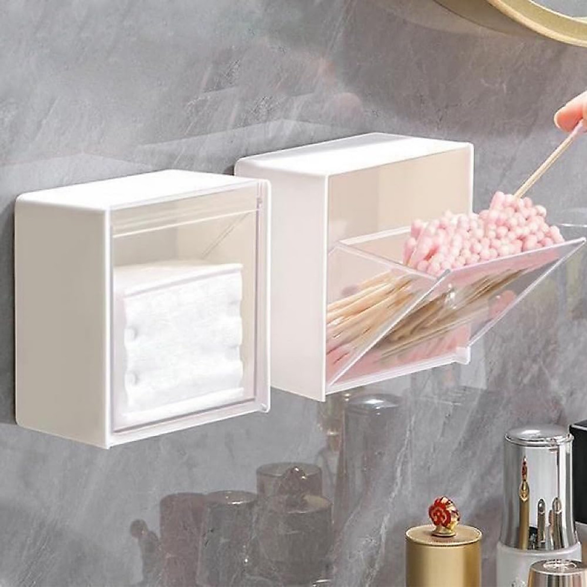 gifthub 2Pcs Plastic White Cotton Pads Holder Dispenser,No Drilling Cotton Ball Organizer Wall Mounted,Practical Multipurpose Cotton Ball Storage Box for Bathroom Kitchen