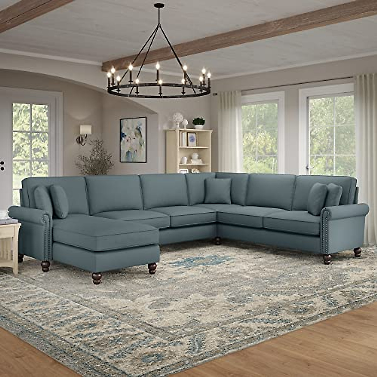 Bush Furniture Coventry U Shaped Sectional Couch with Reversible Chaise Lounge, 128W, Turkish Blue Herringbone