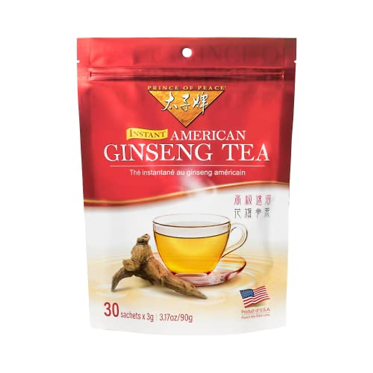 Prince of Peace Instant American Ginseng Tea, 30 Sachets – Healthy Drink, Caffeine-Free Energy-Boosting, Heavy Antioxidants, Made in The USA, Plant Extracts