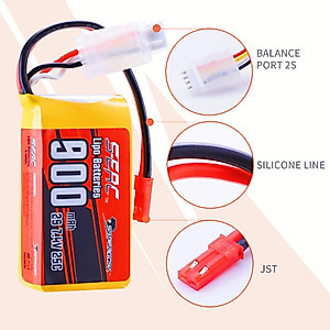 SUNPADOW 7.4V 2S RC Small Lipo Battery 25C 900mAh with JST Connector Rechargeable for RC Airplane Receiver Aircraft Quadcopter Helicopter Drone FPV (2 Count)