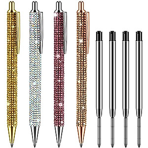 4 Pcs Rhinestone Metal Ballpoint Pens Bling Bling Pens Black Ink Pens Diamond Pen Big Crystal Ballpoint Pens 4 Pcs 1.0mm Pen Refills for Kids Students Teachers Gift (Gold, Silver, Pink and Rose Gold)