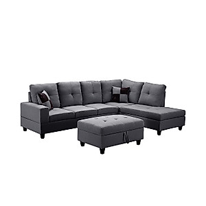 OPTOUGH Modern Fabric Sectional Sofa with Storage Ottoman and Right Chaise Lounge,Living Room Furniture Set L-Shape Couches w/ 2 Pillows, Gray