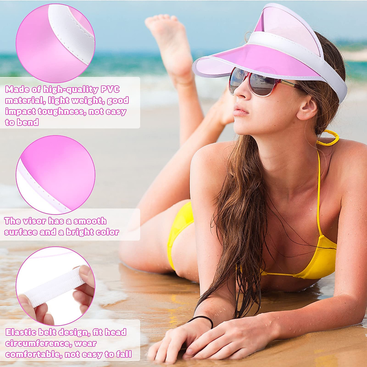 Jeyiour 12 Pcs Transparent Sun Visor PVC UV Protection Poker Visor Beach for Women Outdoor Sports Football Party(Pink)