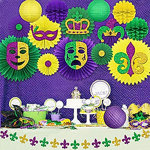 Mardi Gras Paper Fan Decoration Kit Fleur De Lis Flower Garland Green Gold Purple Glittery Cutouts Paper Honeycomb Balls Lanterns Backdrop for Mardi Gras Theme Birthday Masquerade Party Supplies New Orleans Carnival Favors