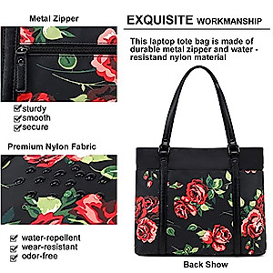 Laptop Tote Bag Womens Work Purse Floral Teacher Handbag Shoulder Bag fit 15.6 in laptop (Black - Rose)