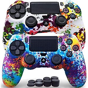 Sofunii 2pcs Skin for PS4 Controller, Anti-Slip Silicone Cover Shell Case with 8 Thumb Grip Caps, Compatible with PlaySation 4 Slim/Pro Controller DualShock 4 Wireless/Wired Gamepad (Rainbow)