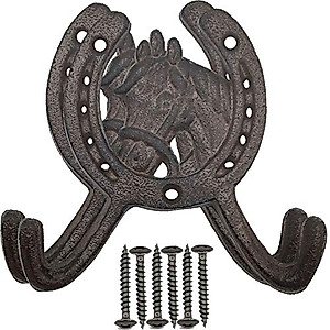 TIHOOD 2PCS Cast Iron Rustic Ranch Horse Head 2 Hook Coat Hooks Rack Towel Horseshoe Hook, Coat Hook,Hat Hook Wall Mounted,Wall Hook,Coat Hanger,Hooks