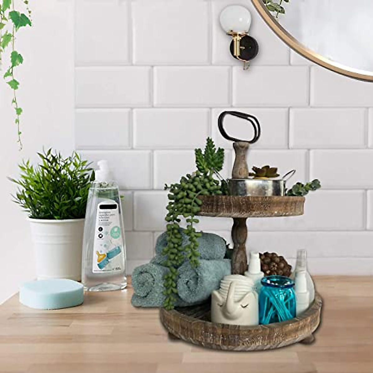 DECORIO Farmhouse Distressed Two Tier Brown Decorative Tray - Wood Tiered Tray Stand - Two Tier Tray Easter Tiered Tray Decor - Two Tiered Tray - 2 Tier Wooden Tray 2 Tier Serving Tray 17"x13"