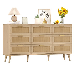 Keehusux Rattan 9 Drawer Dresser for Bedroom, Accent Storage Dresser with Solid Wooden Legs, Long Chest of Drawers with Metal Handles for Closet, Living Room, Entryway, Natural KES003MDG