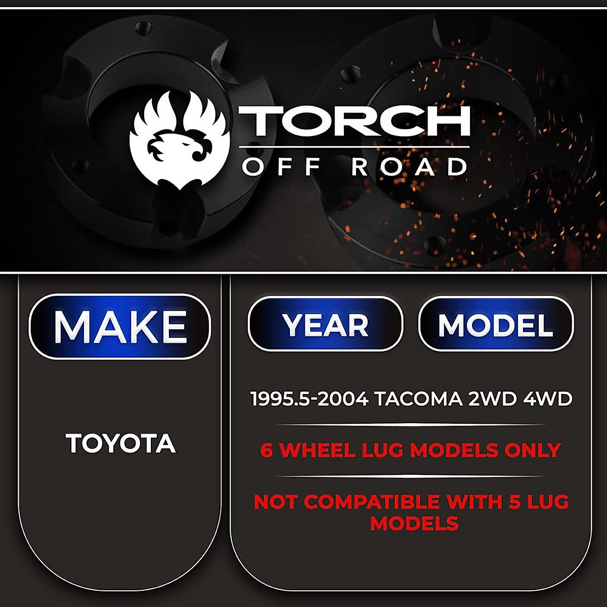 TORCH 3" Front Leveling Lift Kit for 1995-2004 Toyota Tacoma 2WD 4WD TRD SR5 - Models with 6 Lugs (wheel lug) ONLY