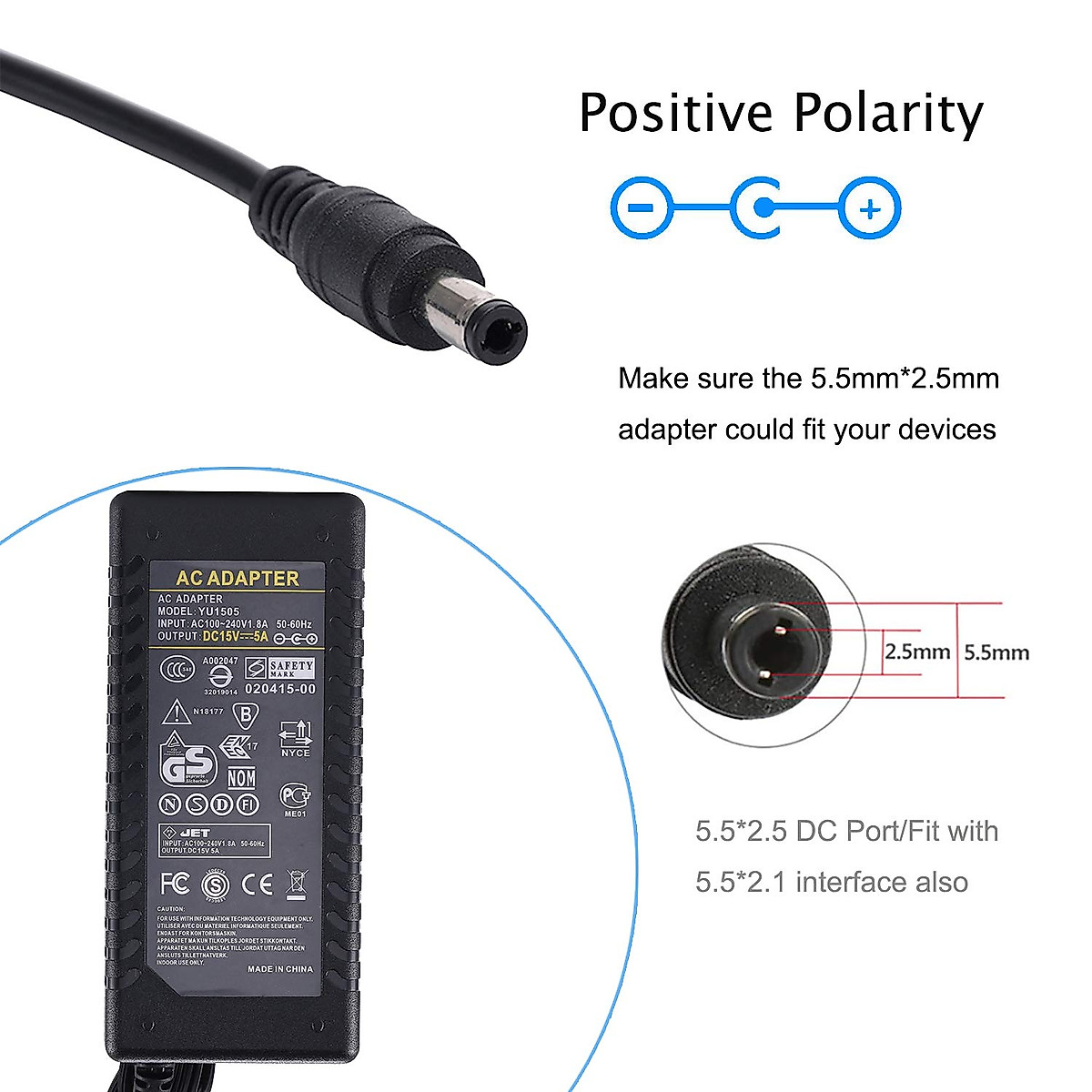 15V 5A Power Supply, Universal AC 100-240V to DC 15V 5A 75W Power Adapter Transformer 5.5x2.5mm Compatible with 15 Volt 4.8A for Photo Studio Ring Light