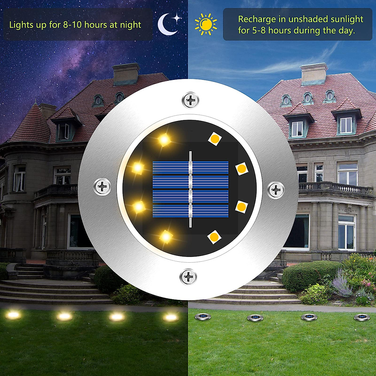 Jyniiw 8Pcs Solar Ground Lights Solar Garden Lights, 8LED Solar Lights Outdoor Garden Waterproof Disk Lights Landscape Lights for Yard Patio Pathway Lawn Driveway Deck Step and Walkway (Warm White)