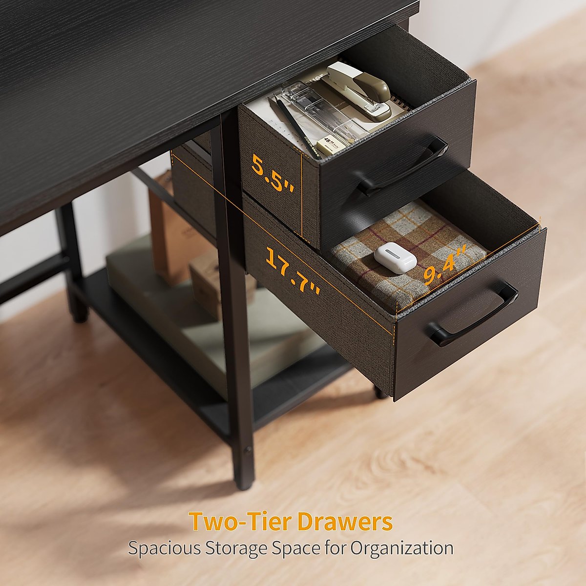 CubiCubi Computer Desk with Drawers, 47 Inch Reversible Office Desk with Monitor Stand and Storage Shelves, Work Writing Study Desk Table for Home, Black
