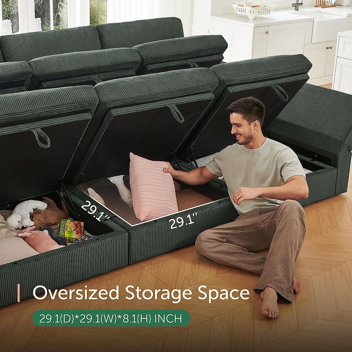 HONBAY Modular Sectional Couch with Storage Corduroy Sectional Sofa with Chaise L Shaped Sectional Couches for Living Room,Green