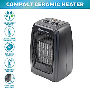 Comfort Zone CZ442E Personal Energy Save Ceramic Heater - 1500W Portable with Adjustable Thermostat, Tip-Over Switch & Overheat Protection, Black